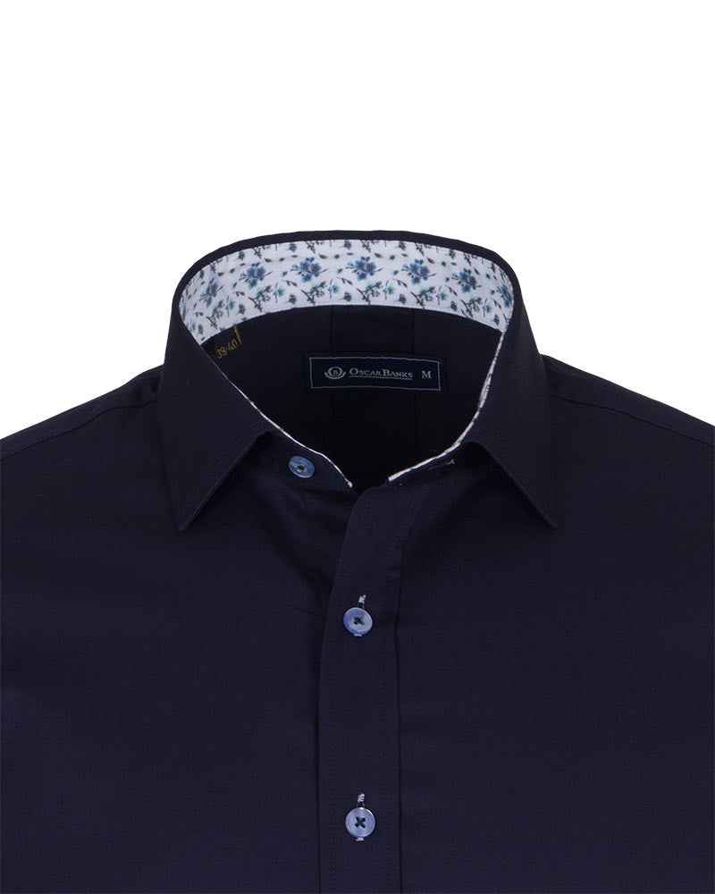 Dark Blue Plain Small Collar Shirt With Floral Insert – Makrom Fashion